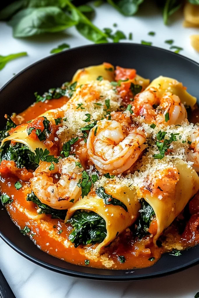 Shrimp and Spinach Stuffed Pasta Rolls with Roasted Red Pepper Cream ...