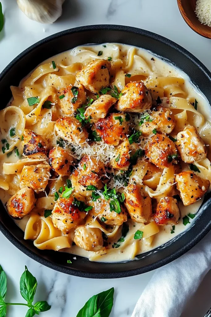 Golden Garlic Chicken Bites Over Creamy Parmesan Pasta – Andrew Taste