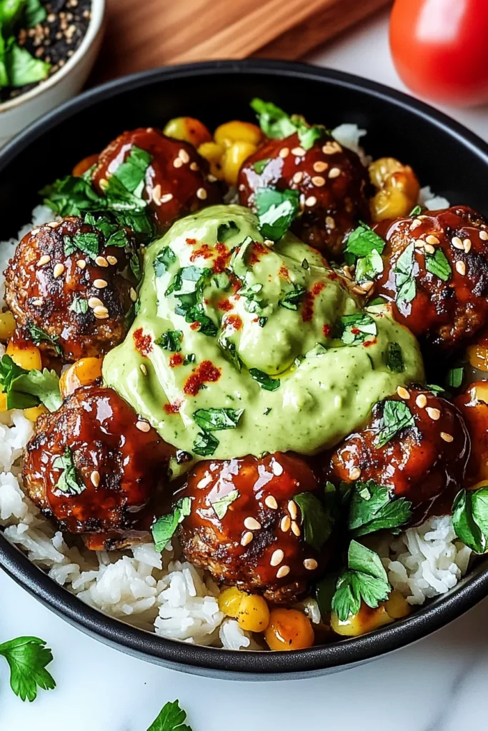 Barbecue Meatball Bowls with Avocado Goddess Sauce – Andrew Taste